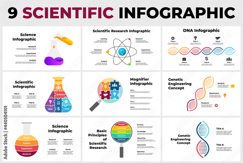 9 scientific research infographics set. Science laboratory experiment ...