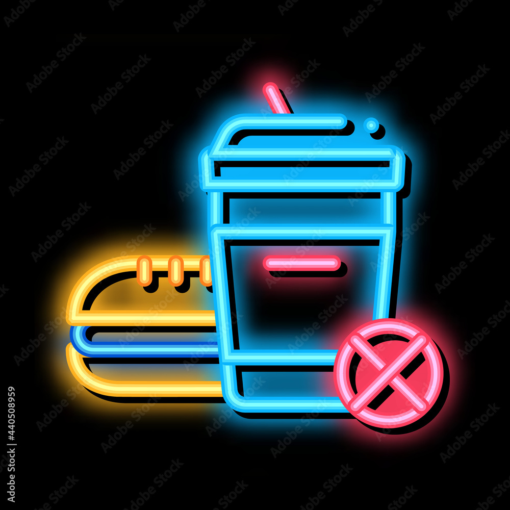 ban on junk food neon light sign vector. Glowing bright icon ban on ...