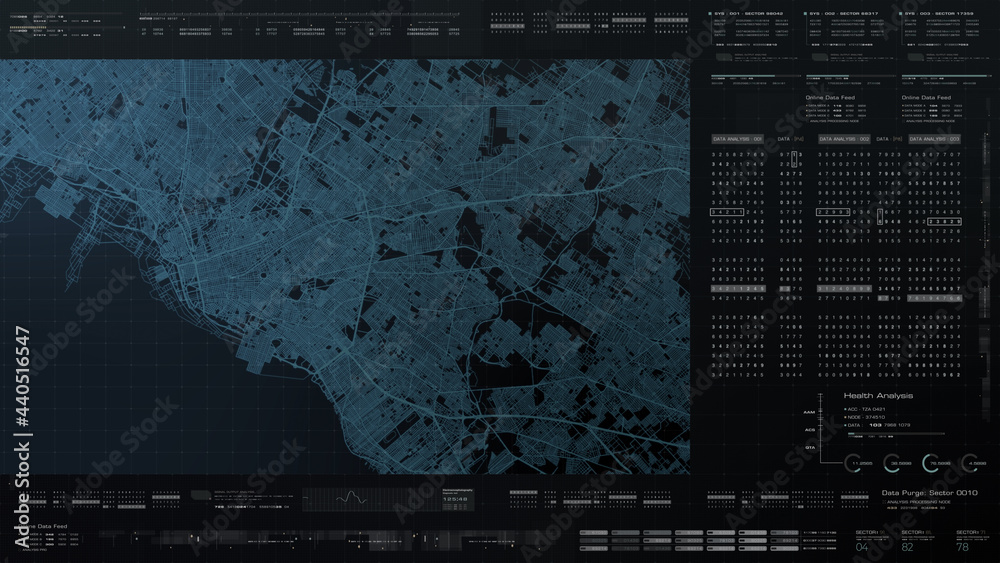 Futuristic digital city map layout with satellite GPS coordinate ...