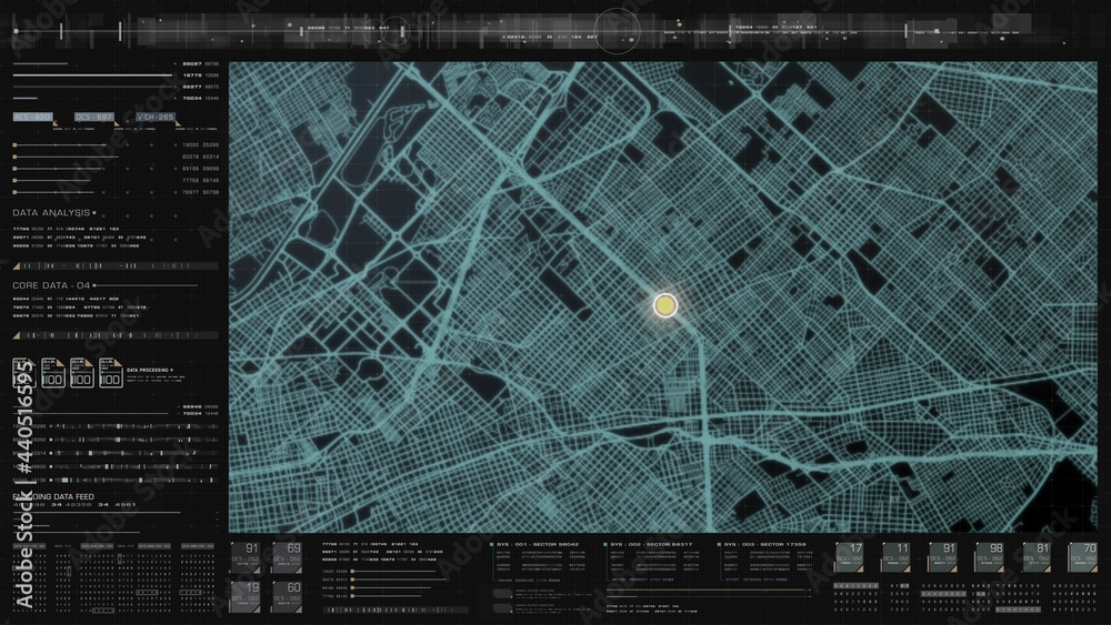 Futuristic digital city map layout with satellite GPS coordinate ...