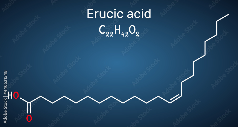 Erucic acid, docosenoic acid molecule. It is carboxylic ...
