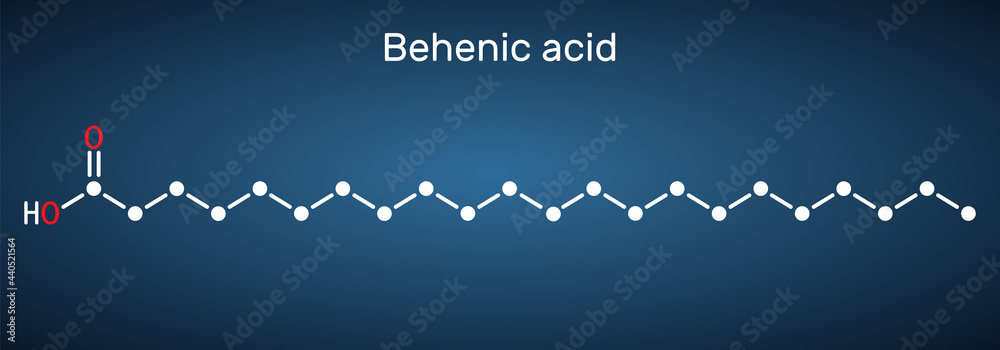 Behenic acid, molecule. It is docosanoic acid, straight-chain, long ...