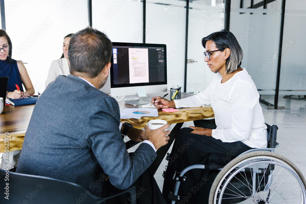Mexican transgender woman in a wheelchair with a businessman using a ...