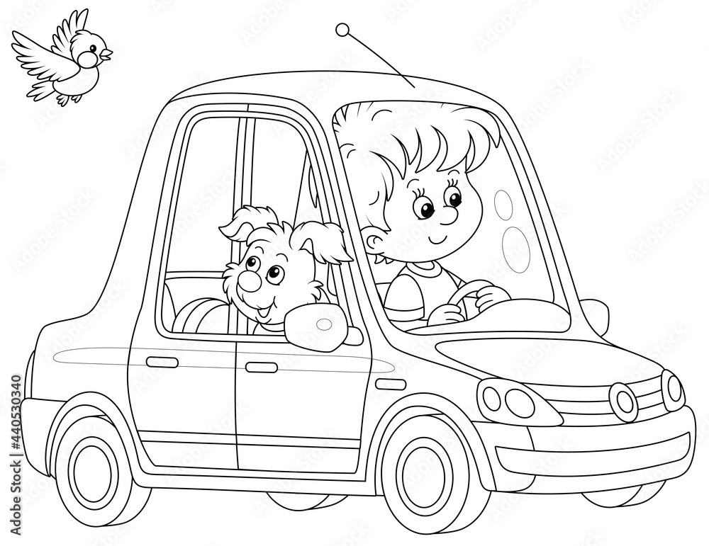 Little boy and his merry pup driving a beautiful toy car, black and ...