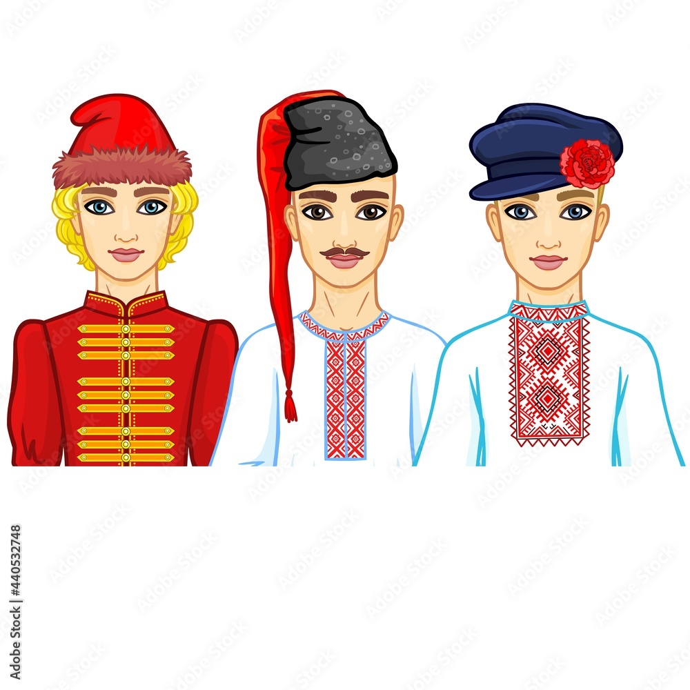 Vetor de Set of animation portraits of Slavic men in traditional ...