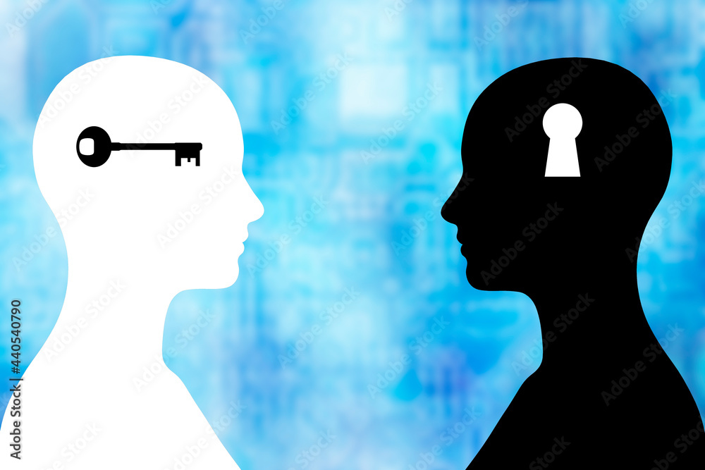 heads with lock and key, illustration of communication, understanding ...