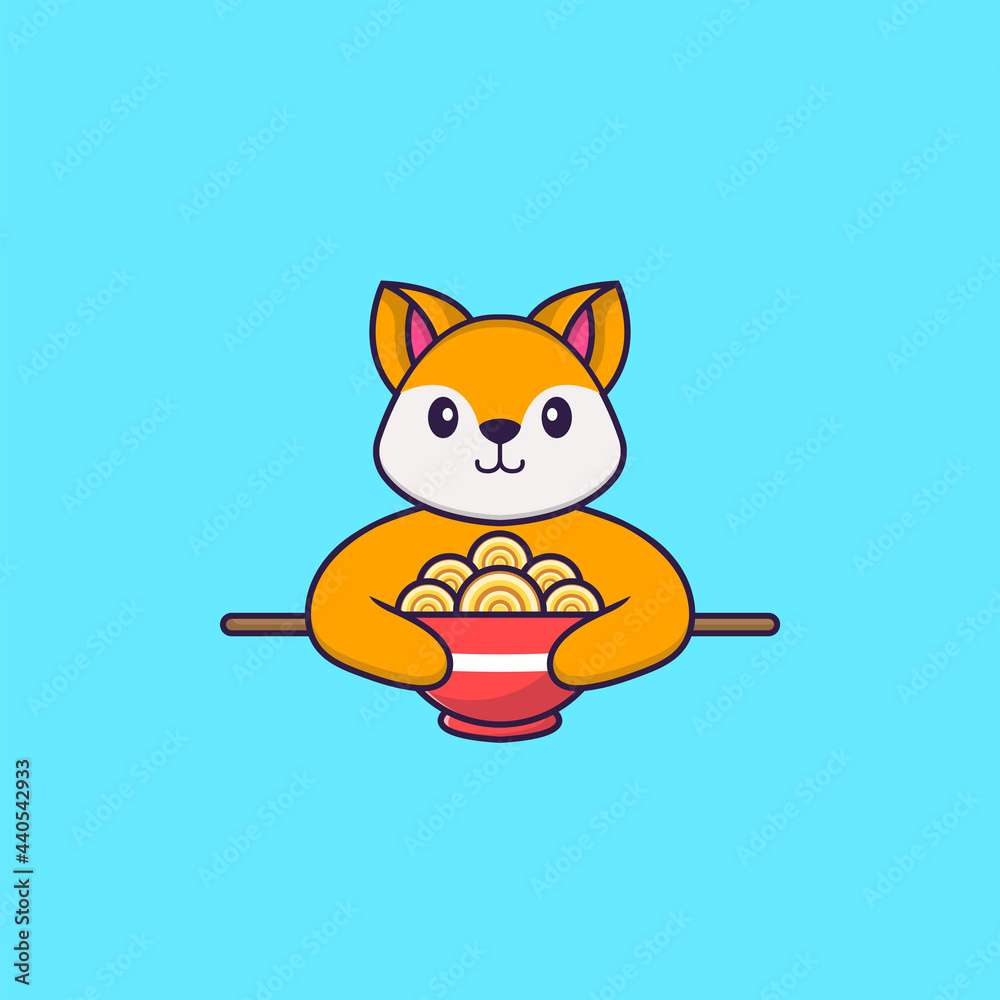 Cute fox eating ramen noodles. Animal cartoon concept isolated. Can ...