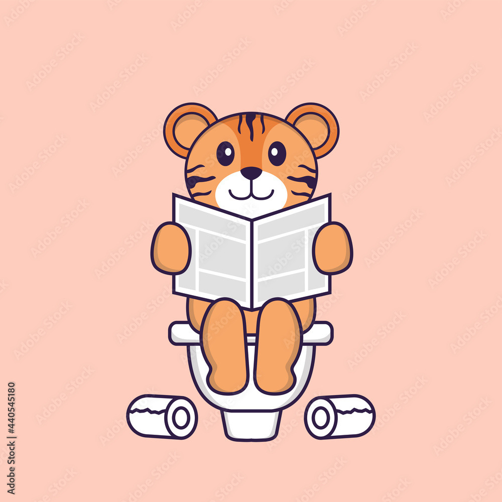 Cute tiger Pooping On Toilet and read newspaper. Animal cartoon concept ...