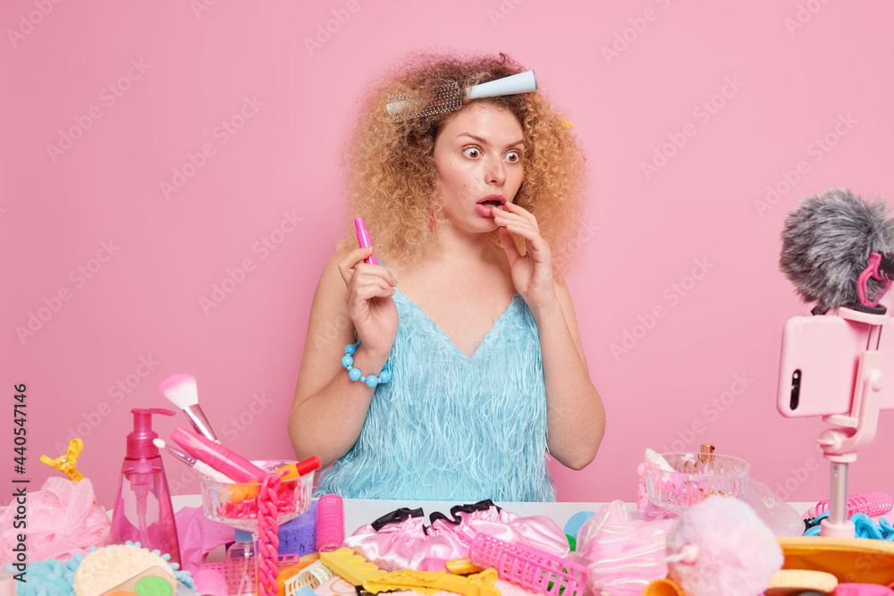 Surprised Female Beauty Blogger Gives Make Up Video Lesson Stares