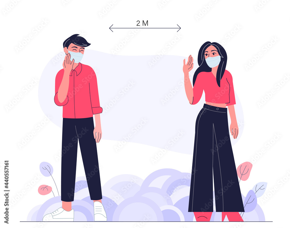 2 meter safe distance between masked characters. Vector illustration ...