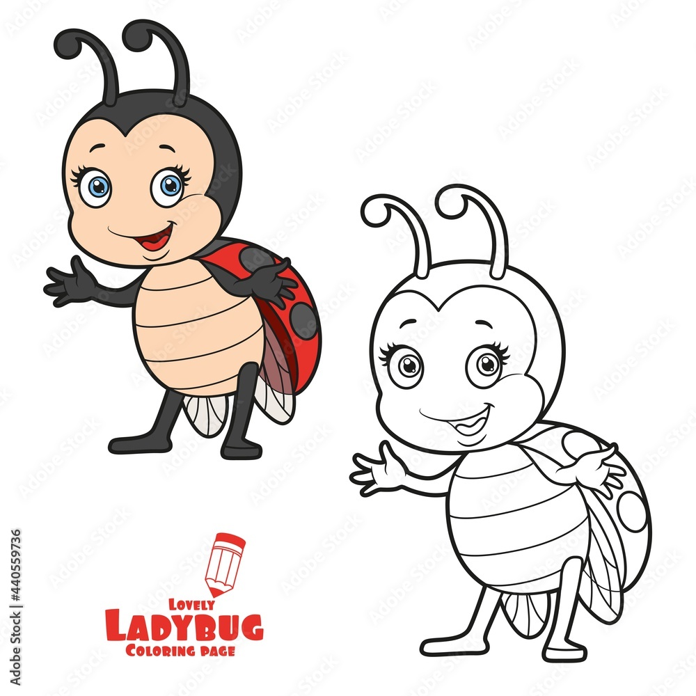 Cute cartoon ladybug stand color variation for coloring page isolated ...