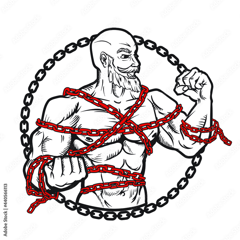 Bearded muscular man, with a chain. Bodybuilder Logo Template, Vector ...