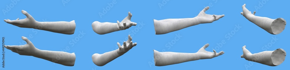 Set of grey stone statue hand realistic renders isolated on blue ...