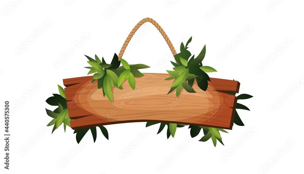 Empty wooden plank hanging on ropes with tropical leaves. Retro banners ...