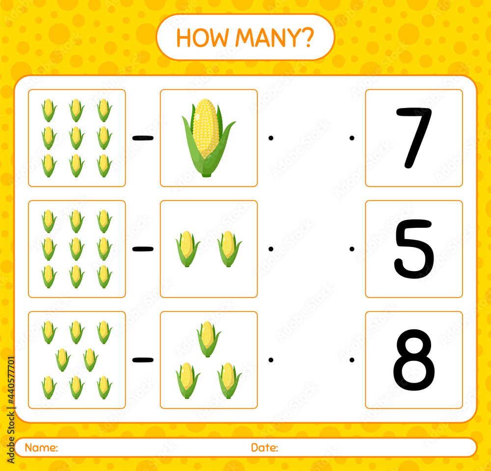 How many counting game with corn. worksheet for preschool kids, kids ...