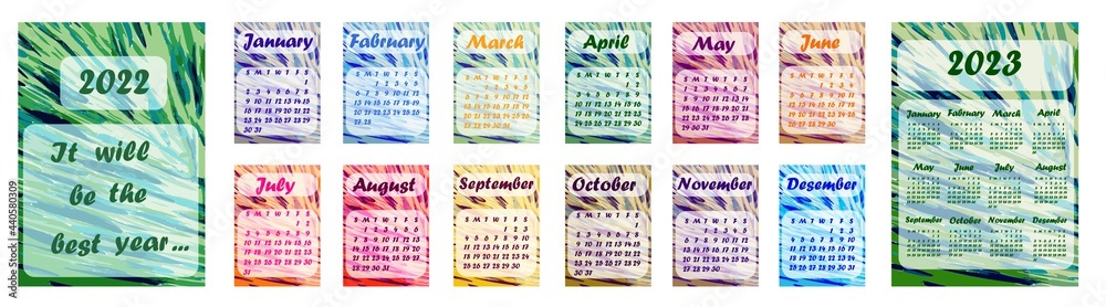 Calendar for every month of 2022 and short version of 2023 year. Wall ...