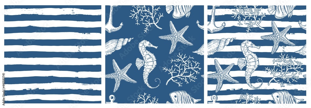 Set of sea style seamless patterns. Underwater creatures, starfish, sea ...