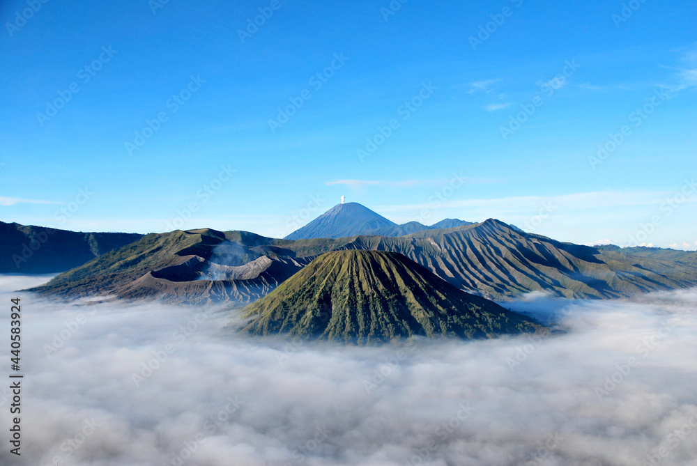Bromo Mountain and fog around bromo mountain with sunrise from seruni ...
