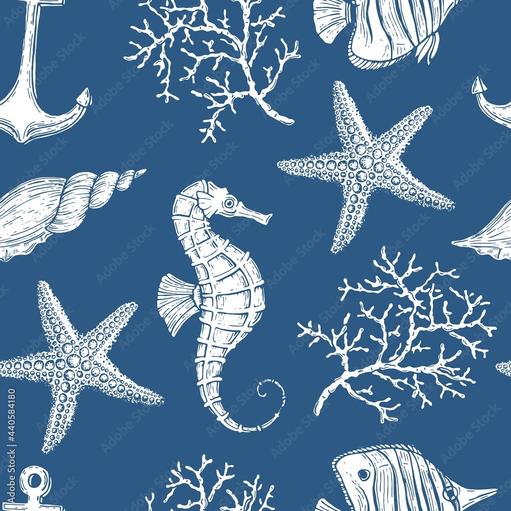 Sea style seamless pattern. Underwater creatures, starfish, sea horse ...