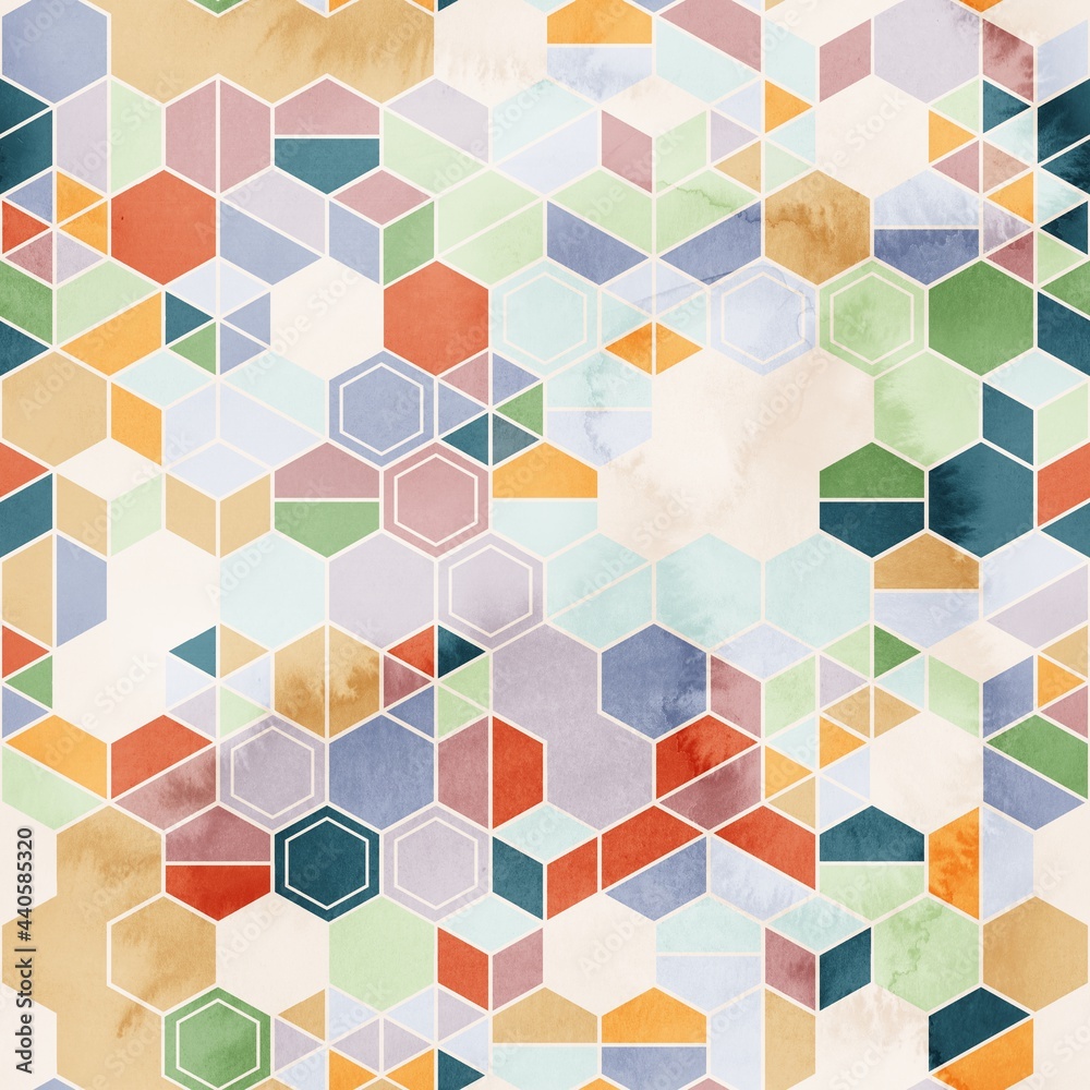 Seamless pattern of hexagons in random colors in watercolor. High ...