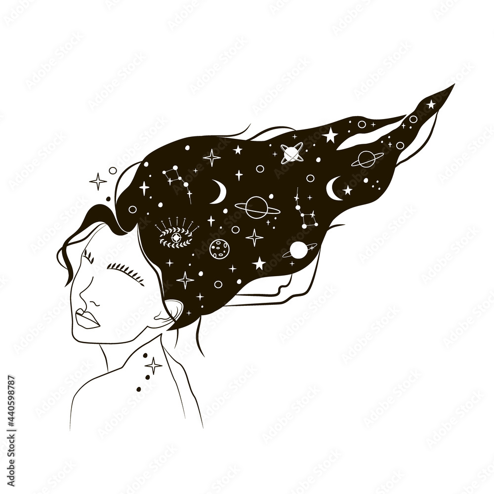 Woman with long hair moon and planets in mythology and mystical ...