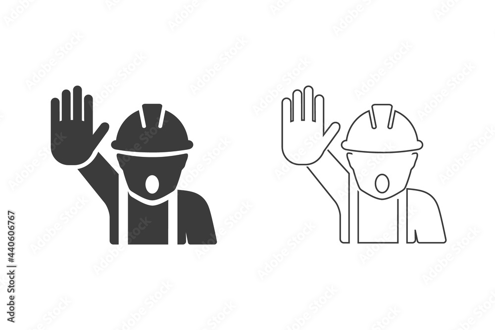 No trespassing sign icon set. Construction worker with outstretched ...