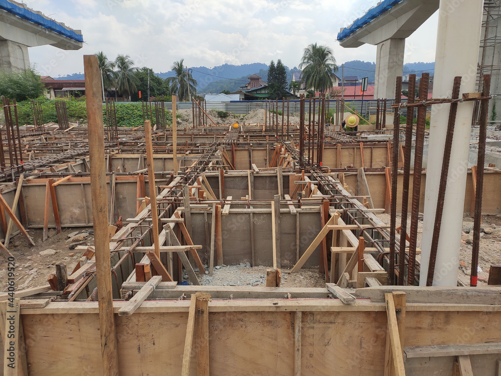 PENANG, MALAYSIA -MARCH 7, 2021: Building ground beam under ...