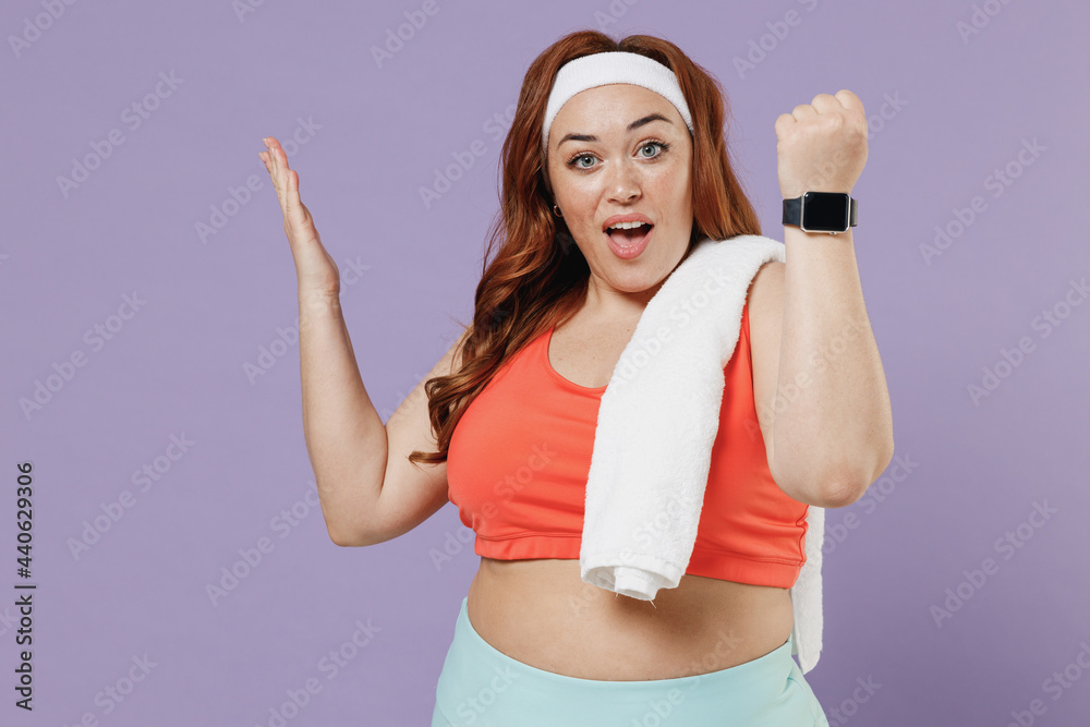 Young chubby overweight plus size big fat fit woman in red top towel ...