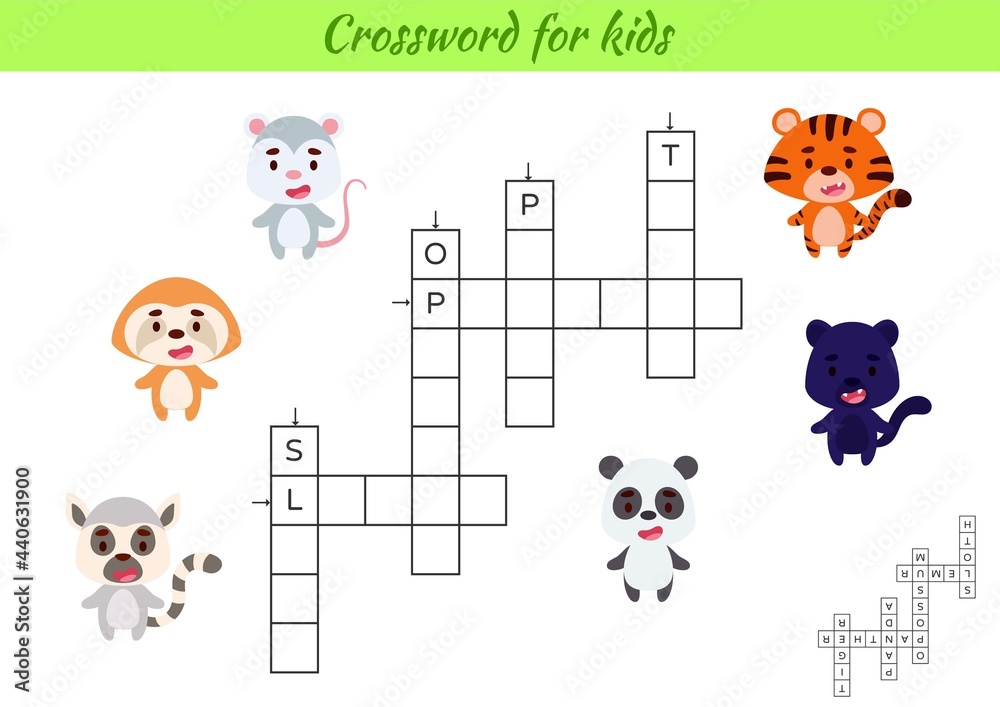 Crossword for kids with pictures of animals. Educational game for study ...