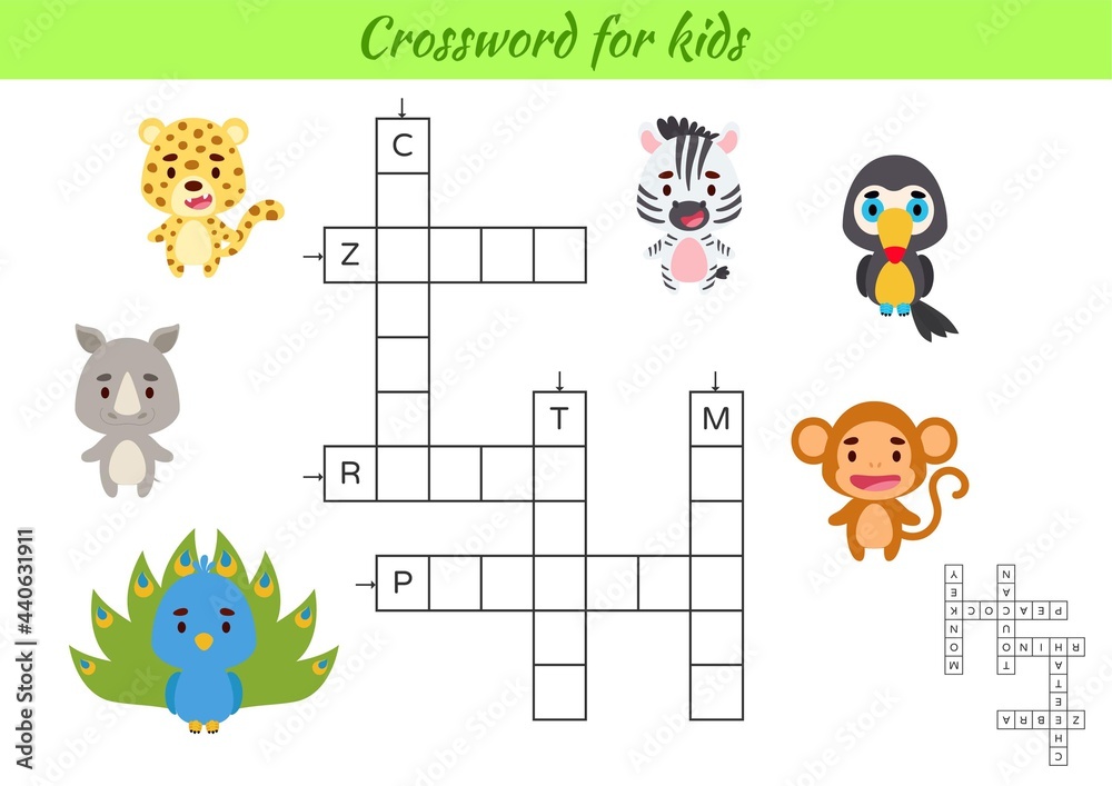 Crossword for kids with pictures of animals. Educational game for study ...