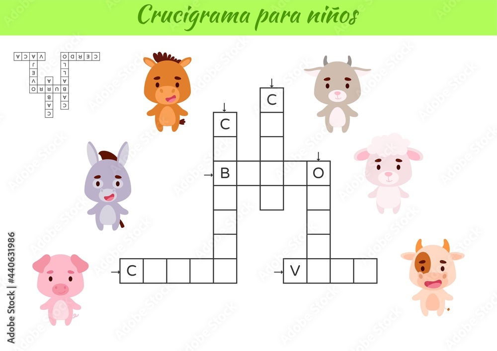 Crossword for kids in Spanish with pictures of animals. Educational ...