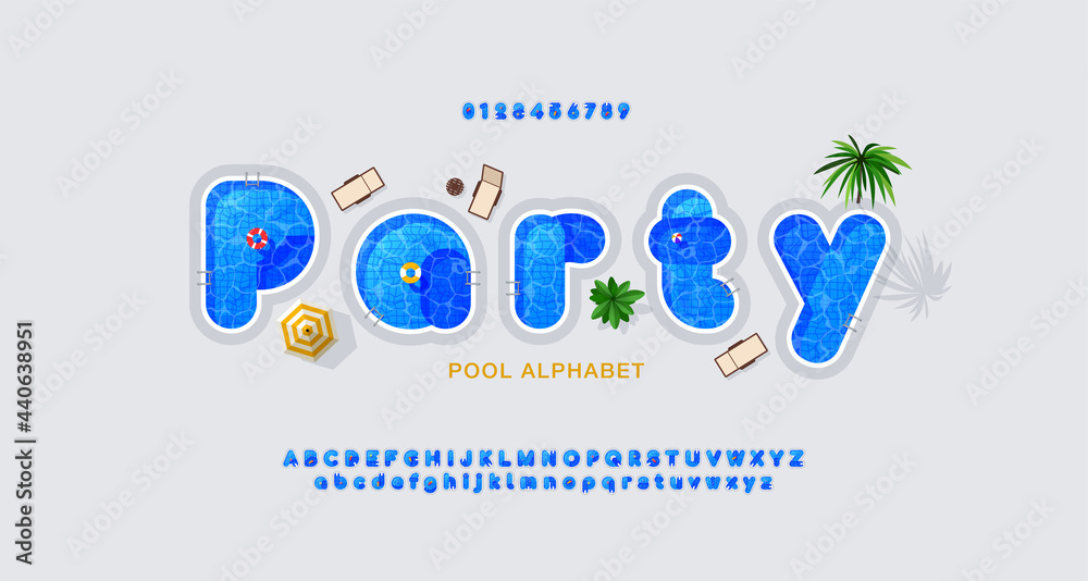 Vector pool alphabet and font. Top view on a letters filled with water ...