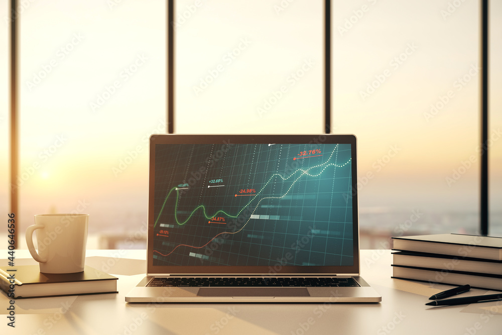 Modern computer display with abstract graphic data spreadsheet sketch ...