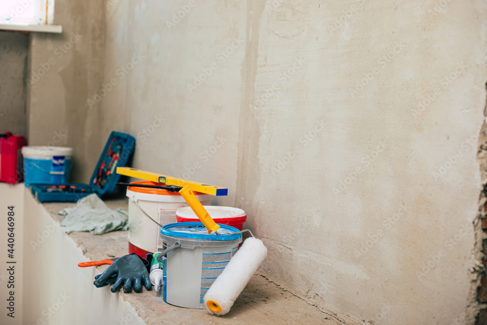 New apartment repair with wall and stairs repair. Renovation house or ...