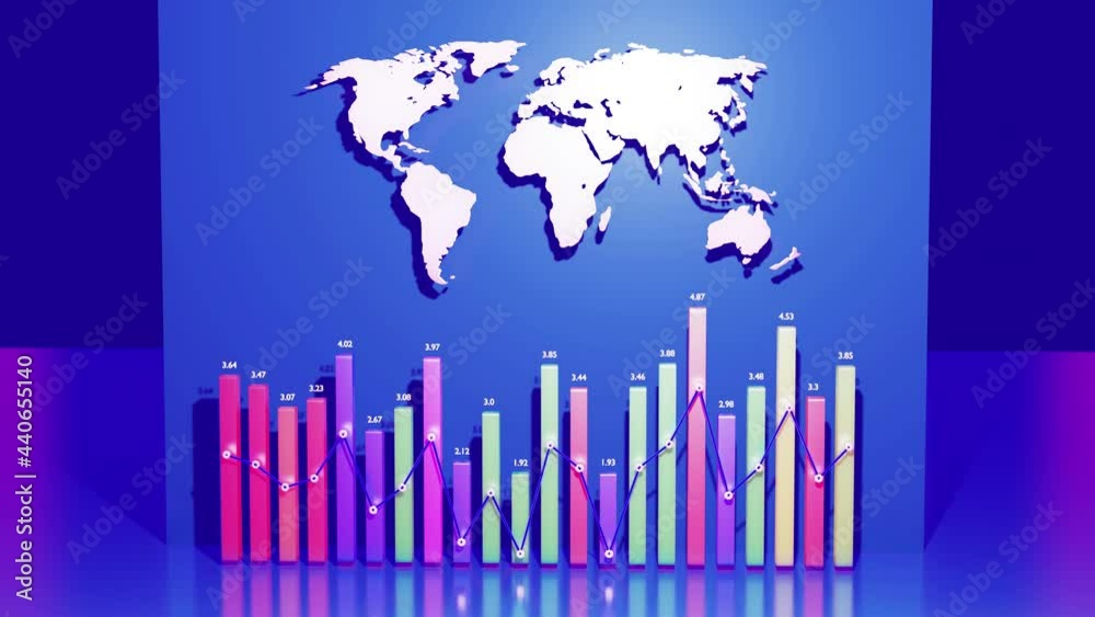 abstract beautiful multicolor columns form graph and with the world map ...