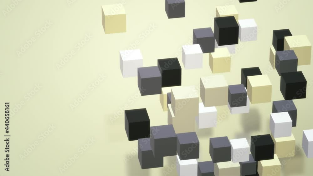Abstract 3d video rendering of geometric shapes, a pattern of cubes. The figures hover, rotate ...