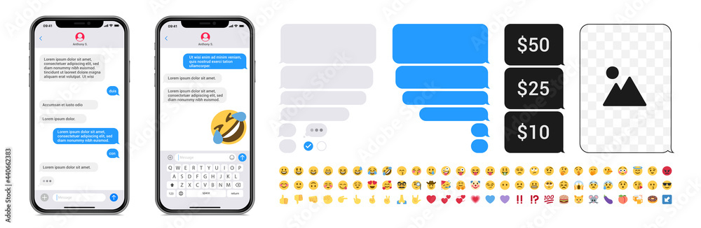 Chatting SMS app template : bubbles, text, Emoji, on smartphone device ...