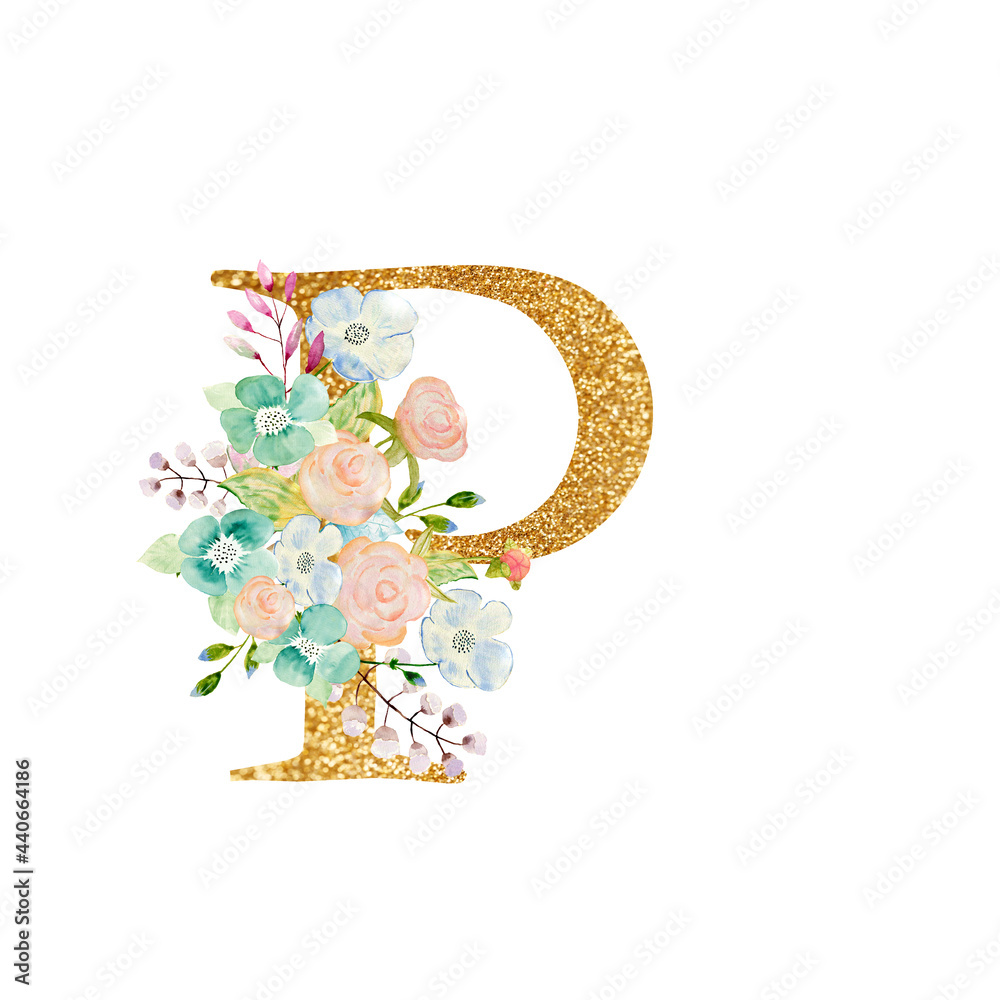 Watercolor floral bouquet and alphabet - gold letter P with flowers ...