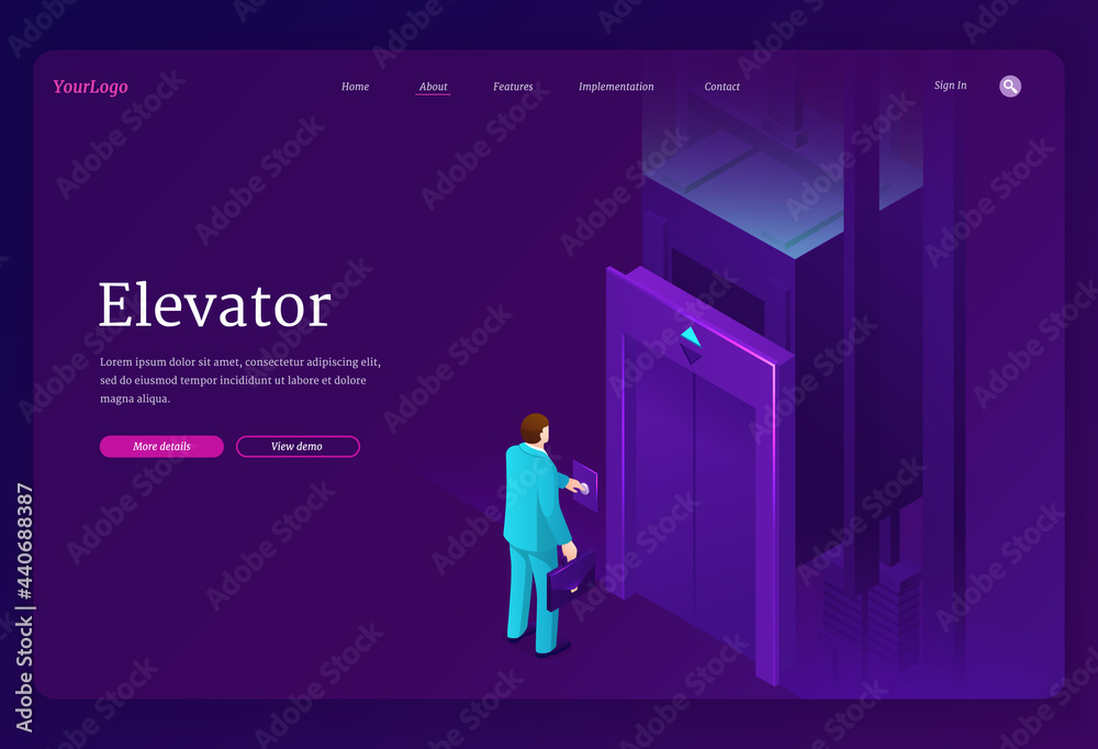 Elevator isometric landing page. Businessman character push button call ...