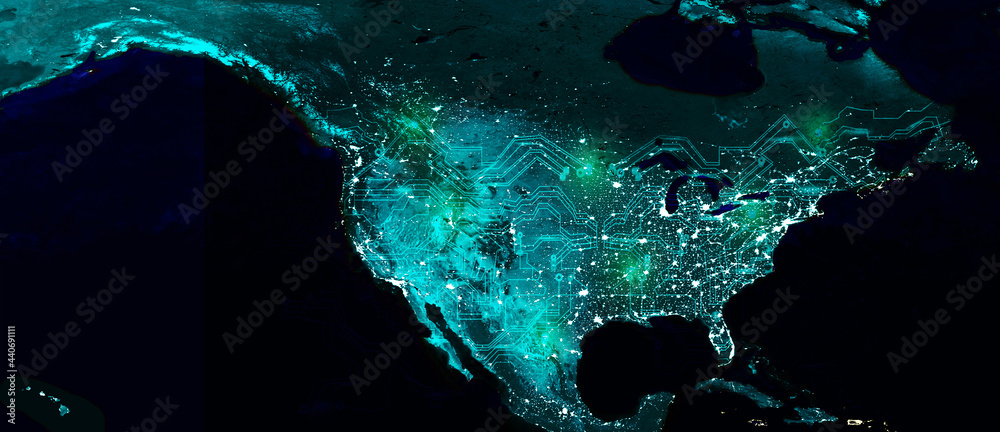 Poster North American continent electric lights map at night – Wall Art ...