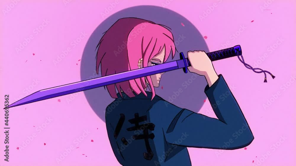 Anime girl with a katana. 2D animation. Japanese Lofi Hip-Hop Stock ...