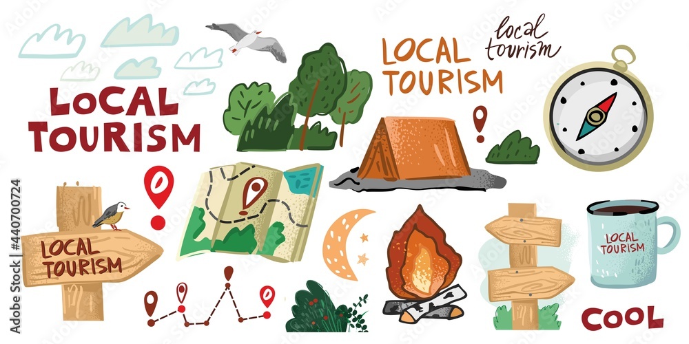 Set of symbols for outdoor travel, local tourism. hiking trips ...