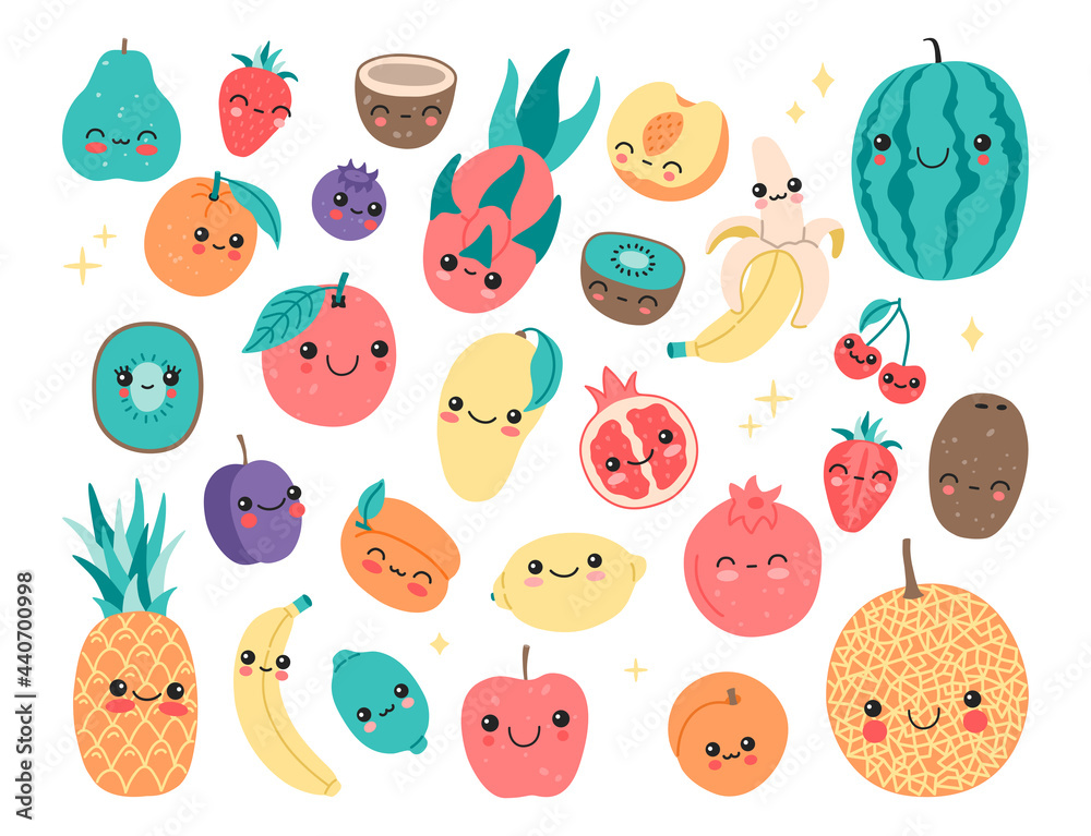 Cute baby fruits with smiling face cartoon stickers clip art for kids ...