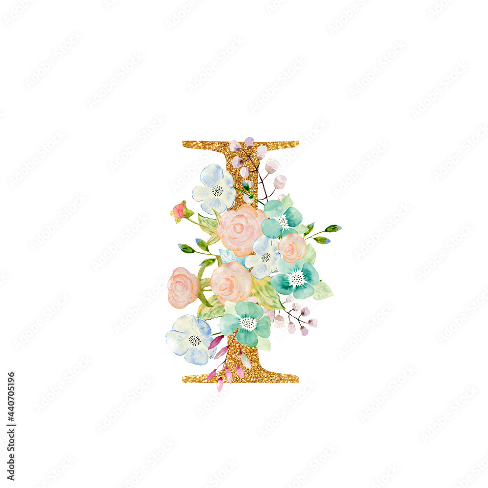 Watercolor floral bouquet and alphabet - gold letter I with flowers ...