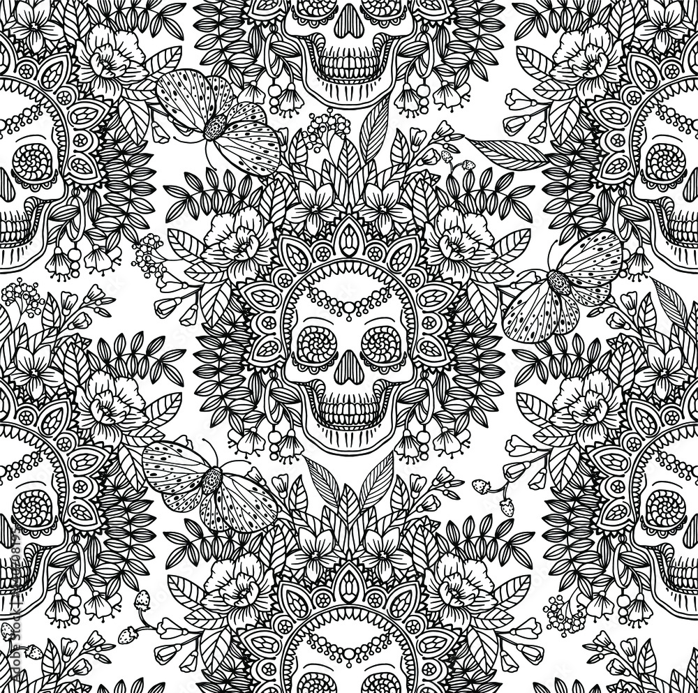 Seamless vector pattern with line drawn decorative human skull in ...