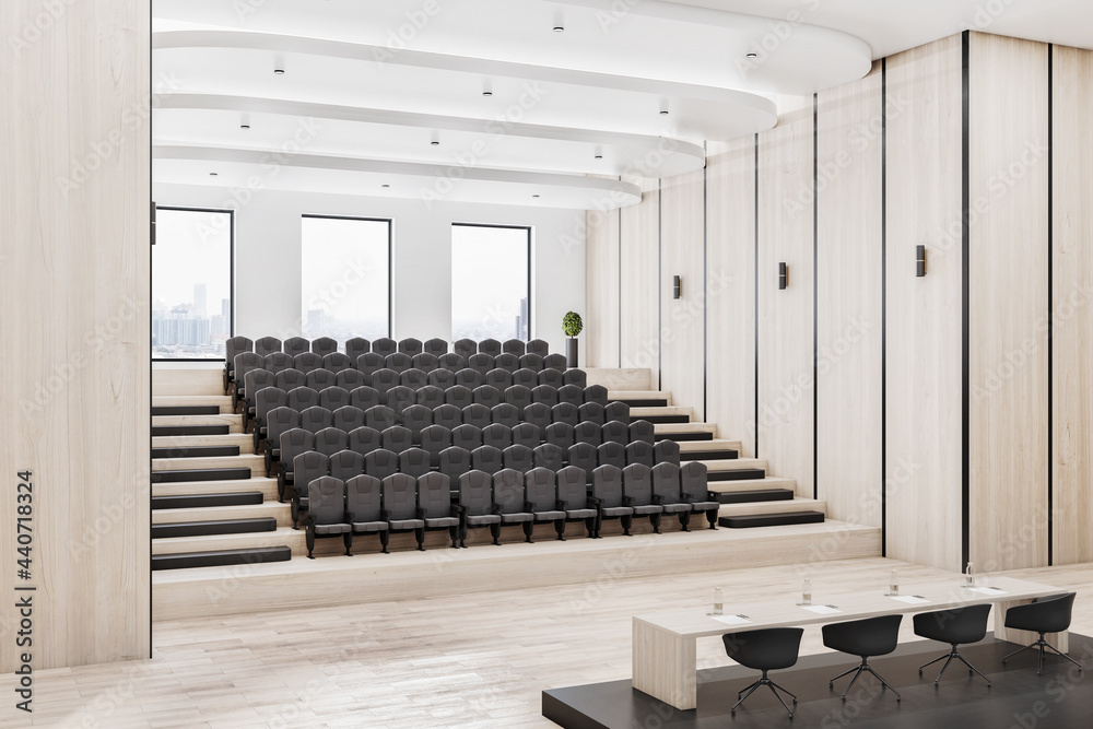Modern wooden auditorium interior with seatings, city view and daylight ...