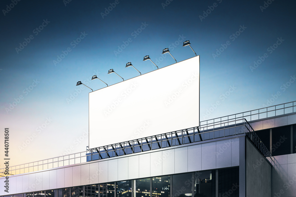 Perspective view on blank white billboard on top of business building ...
