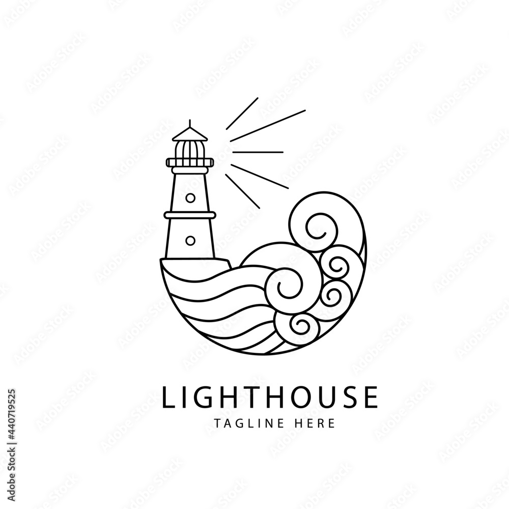 lighthouse logo with ocean wave line art style design illustration ...