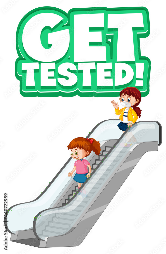 Get Tested font in cartoon style with children using escalator isolated ...