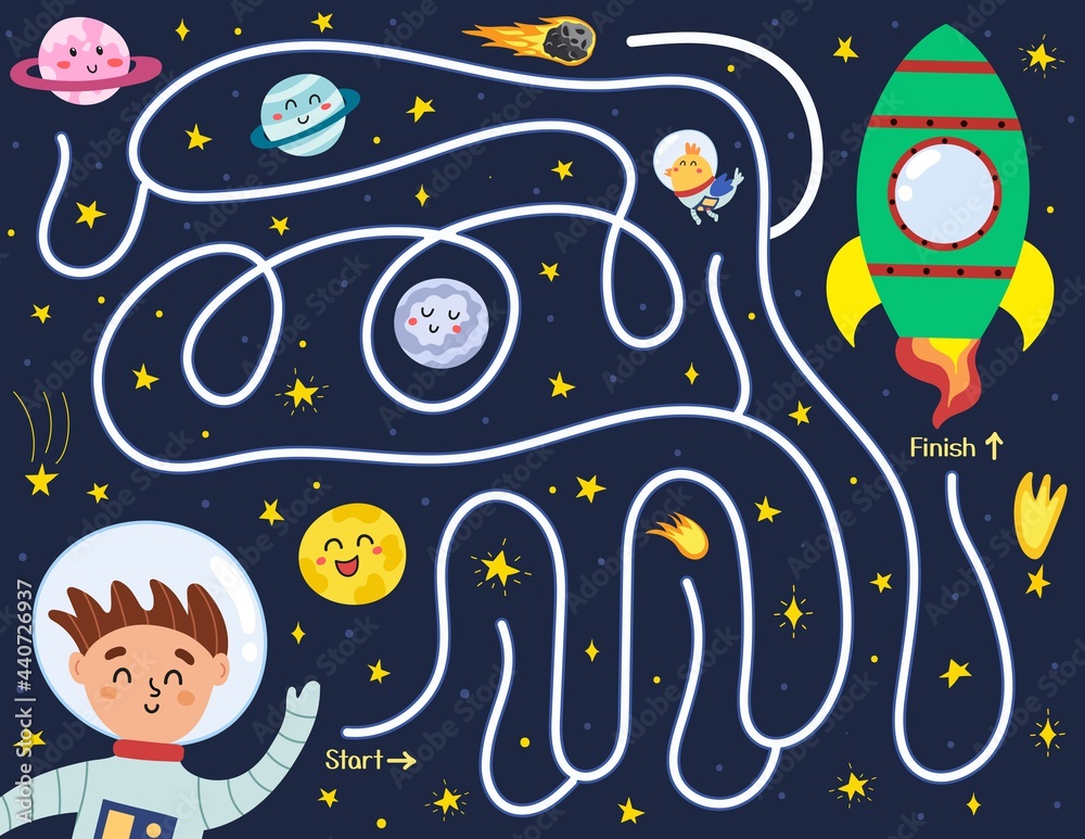 Help cute boy astronaut find a way to the rocket. Space maze puzzle for ...